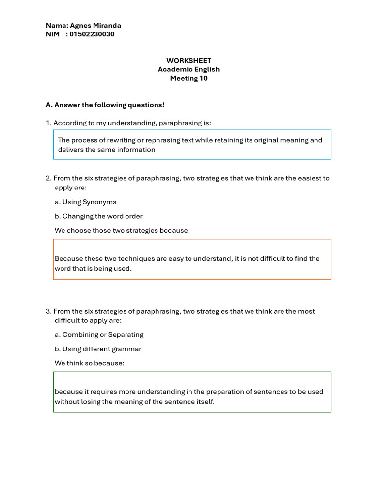 Paraphrasing - Agnes Miranda - 01502230030 | PDF | Human Communication