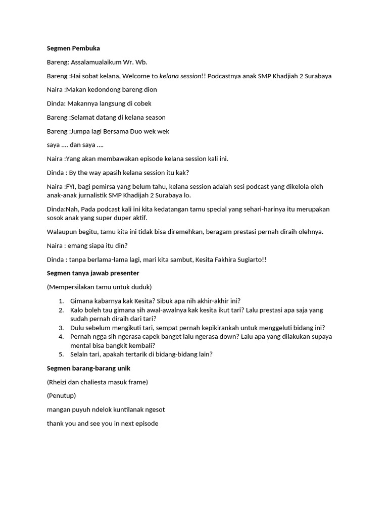 Naskah Podcast Lucu SMP Khadijah 2 | PDF | Memasak, Makanan, & Anggur