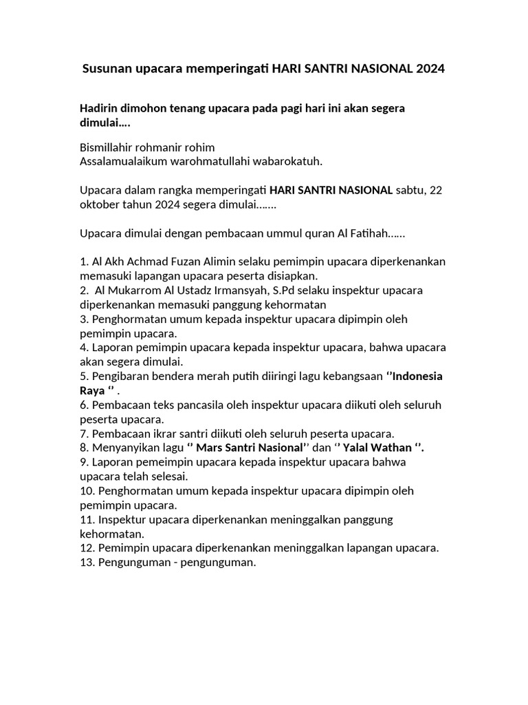 Susunan Upacara Memperingati HARI SANTRI NASIONAL | PDF
