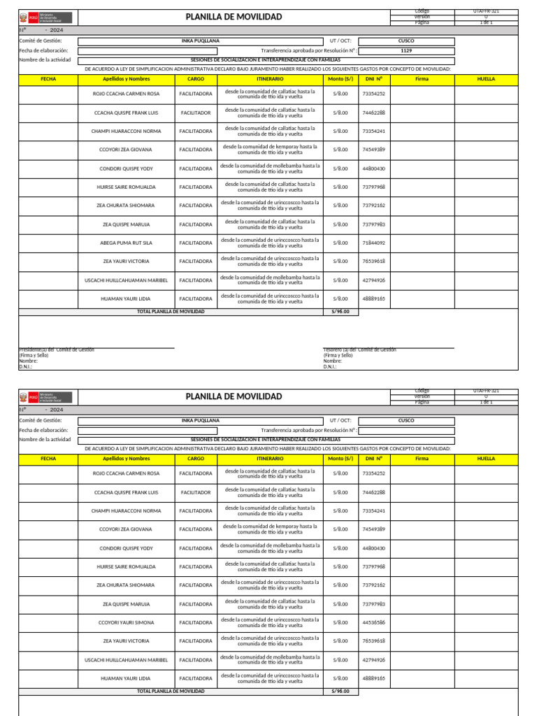 Planilla de Movilidad Facilitadoras 8 Soles 2024 | PDF | Argentina | Aplicaciones de la criptografía