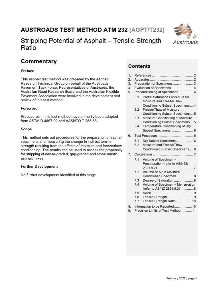 ATM-232-22 Stripping Potential of Asphalt Tensile Strength Ratio | PDF | Density | Vacuum