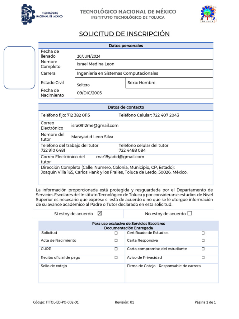 Solicitud de Inscripcion | PDF