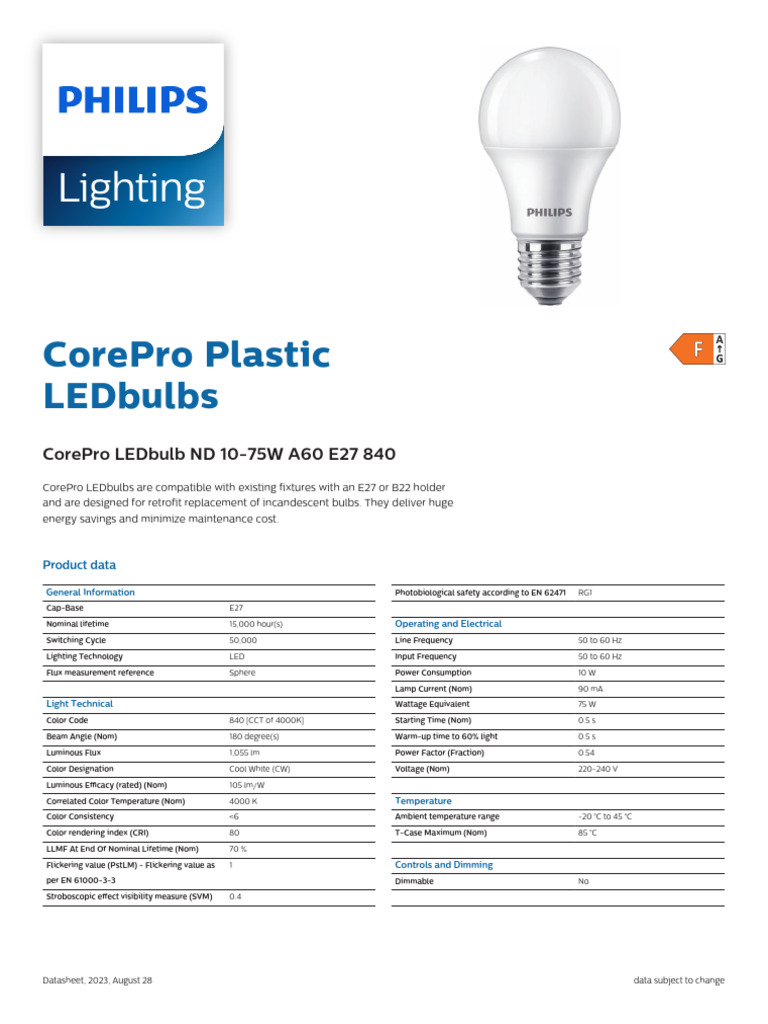 CorePro LEDbulb ND 10-75W A60 E27 840 | PDF | Lighting | Electromagnetic Radiation