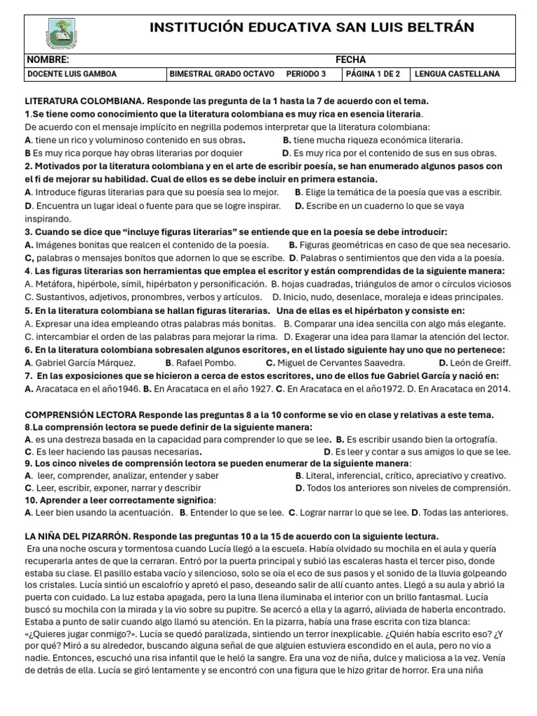 Bimestral Del Grado Octavo Tercer Periodo | PDF | Comprensión lectora | Poesía