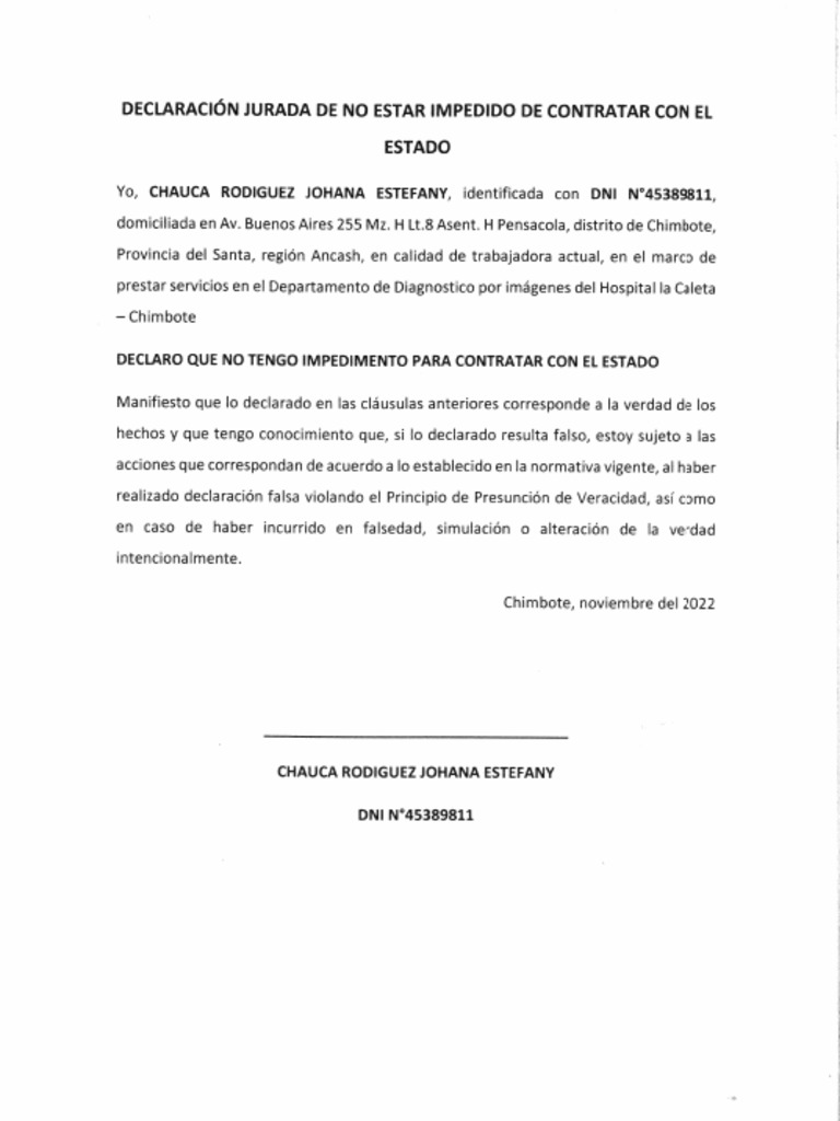 Declaración Jurada de No Estar Impedido para Contratar Con El Estado | PDF