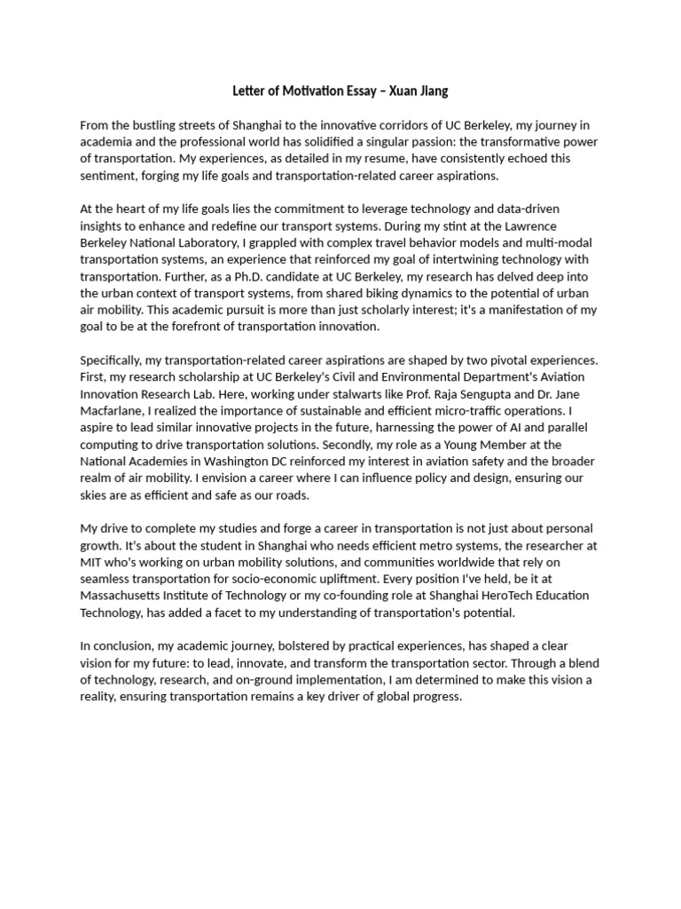 Letter of Motivation Essay | PDF | Transport