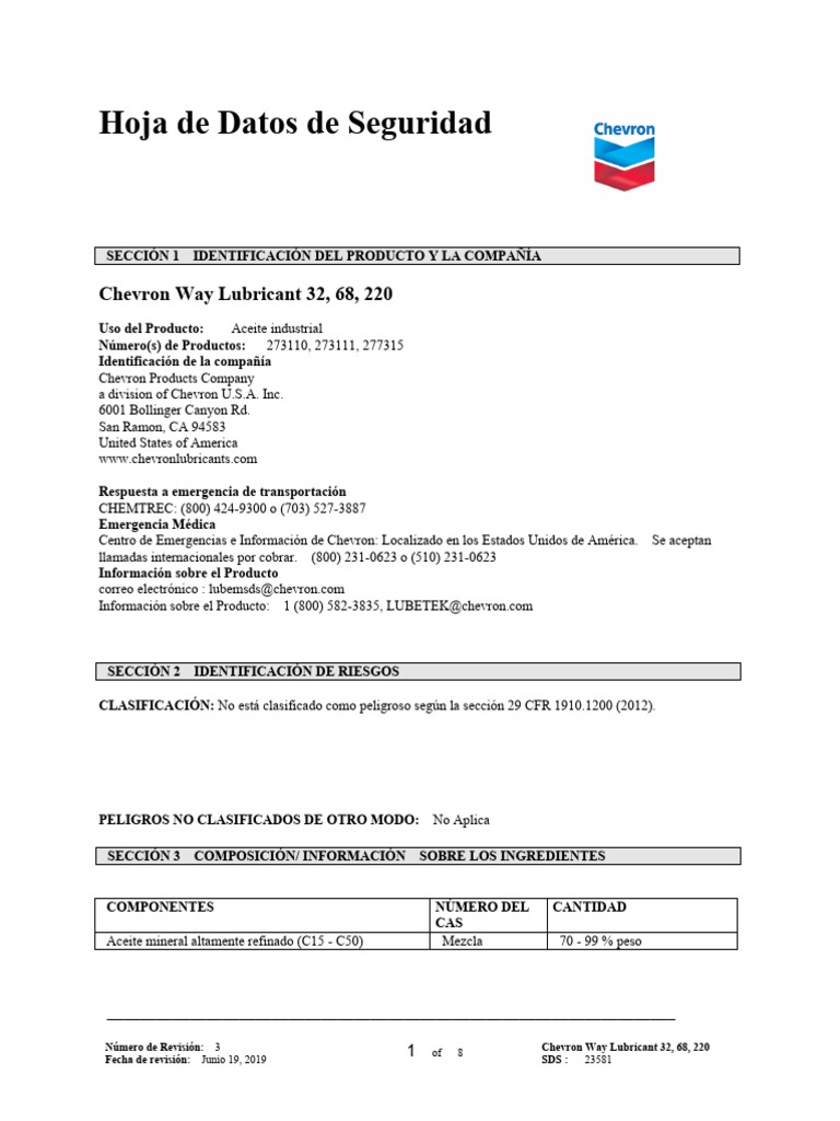 Chevron Way Lubricant 68: Hoja de Seguridad | PDF | Toxicidad | Combustión