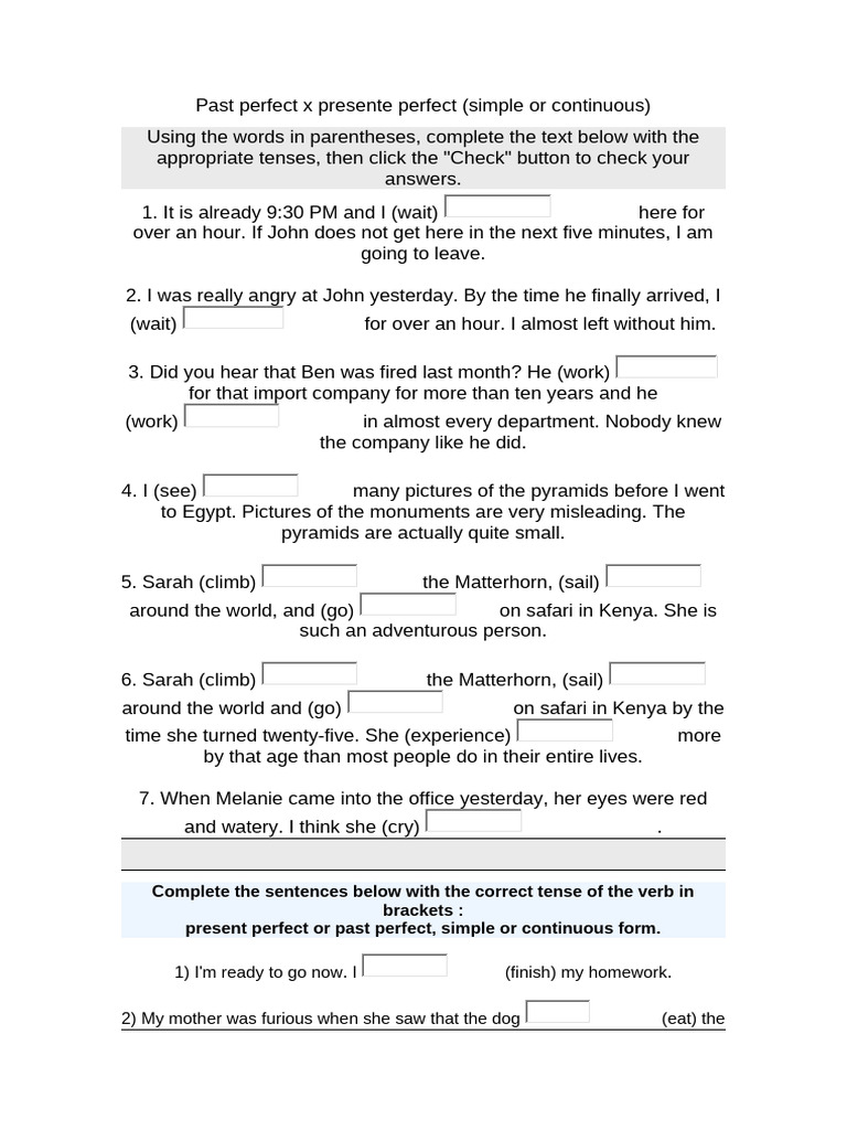 Past Perfect X Presente Perfect (Simple or Continuous | PDF | Language ...