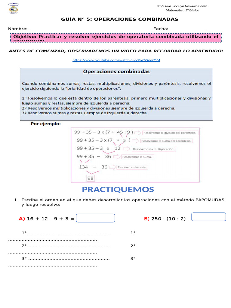 Guia 5 Operatoria Combinada Viernes 23 de Agosto | PDF | Matemáticas