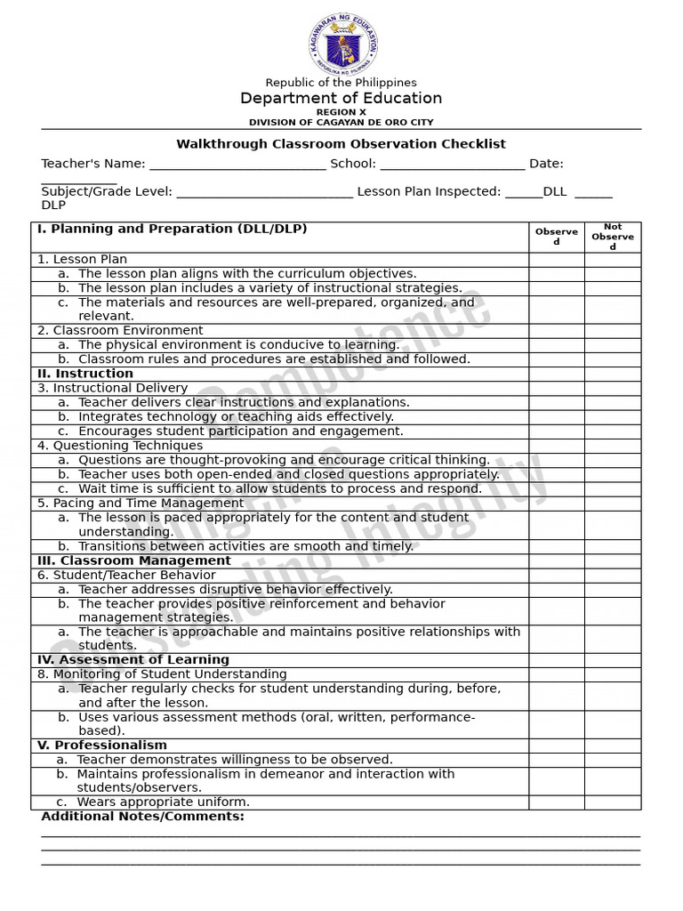 Final Walkthrough Classroom Observation Checklist 2 | PDF | Teachers ...