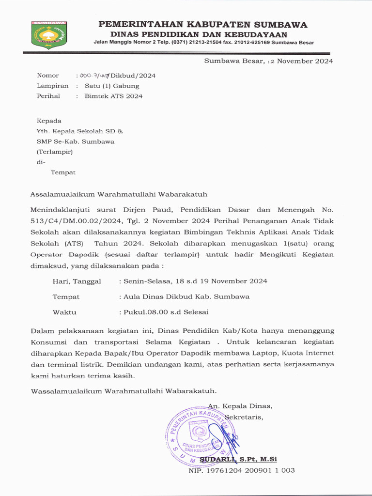 Surat Bimtek Aplikasi Ats 2024 | PDF