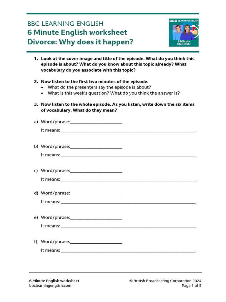 6 Minute English Divorce Why Does It Happen Worksheet | PDF | English ...