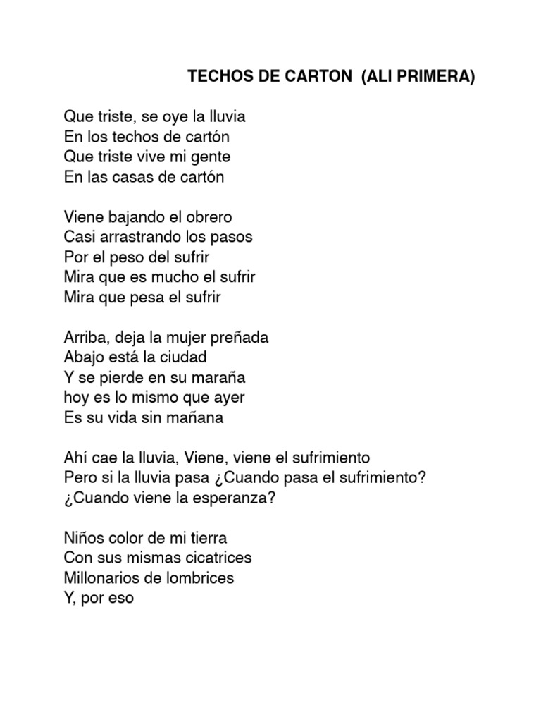 Techos de Cartón: Letra de Alí Primera | PDF