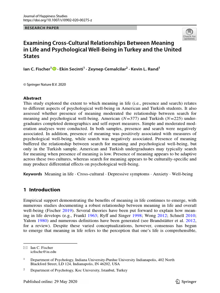 FISCHER Meaning Life Cross-Cultural | PDF | Well Being | Happiness FISCHER Meaning Life Cross-Cultural | PDF | Well Being | Happiness