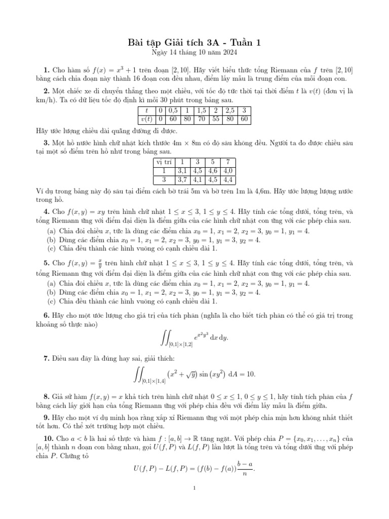 Bài tập Giải tích 3A - Tuần 1: f x x, f , | PDF