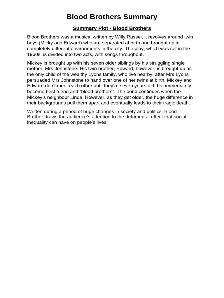Summary Plot - Blood Brothers | PDF | Art | Classics