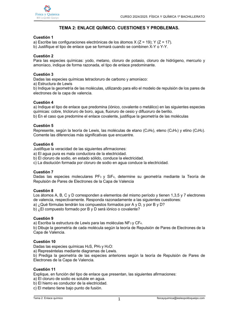 Enlace Químico: Cuestiones y Problemas | PDF | Enlace químico ...