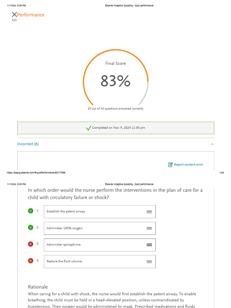 Elsevier Adaptive Quizzing - Quiz Performance | PDF | Heart | Shock (Circulatory)