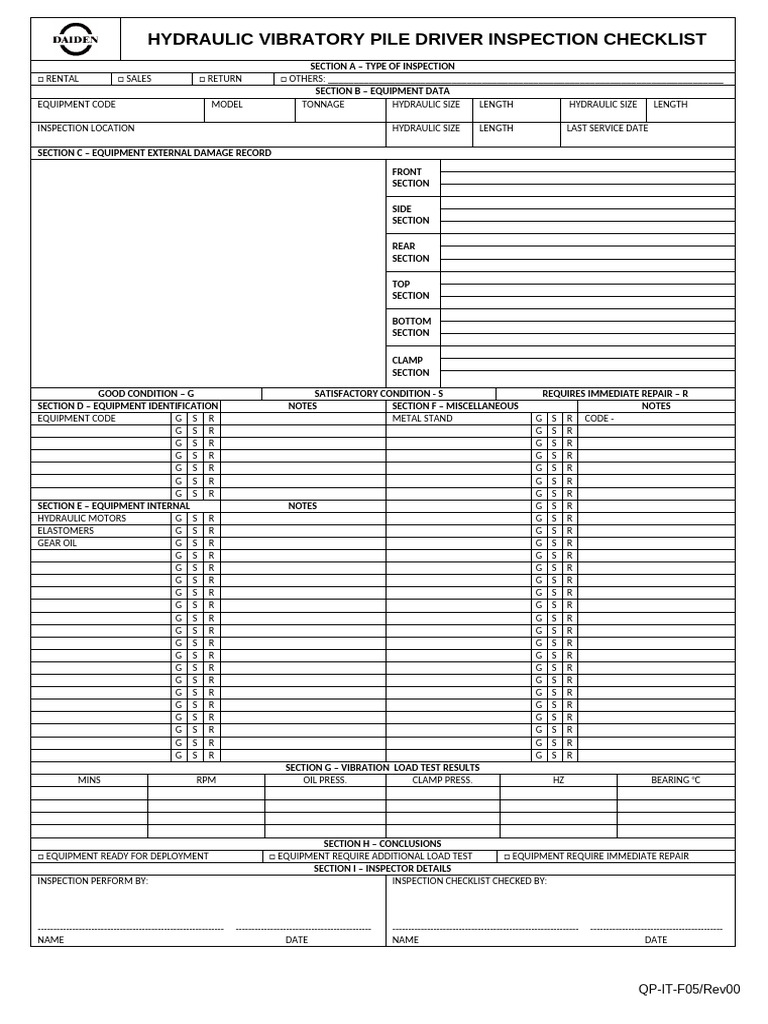 QP-IT-F05 Hydraulic Vibratory Pile Driver Inspection Checklist | PDF ...