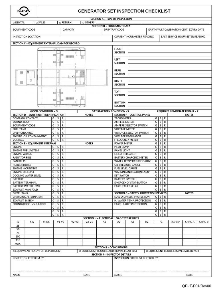 QP-IT-F01 Generator Set Inspection Checklist | PDF | Switch | Voltage