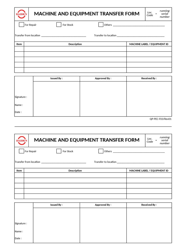 QP-PEC-F03 Machine and Equipment Transfer Form (Rev01) | PDF