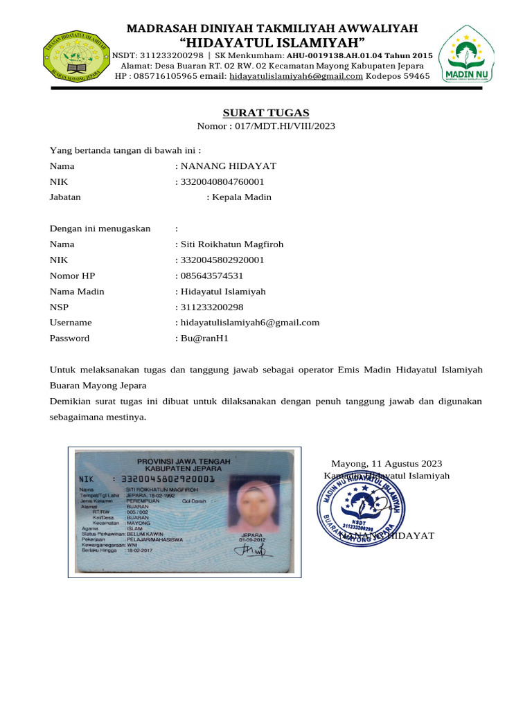 Surat Tugas Operator Emis Madin Hi | PDF