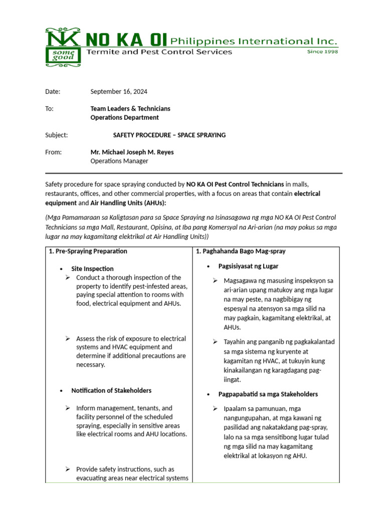 Safety Procedure - Space Spraying | PDF