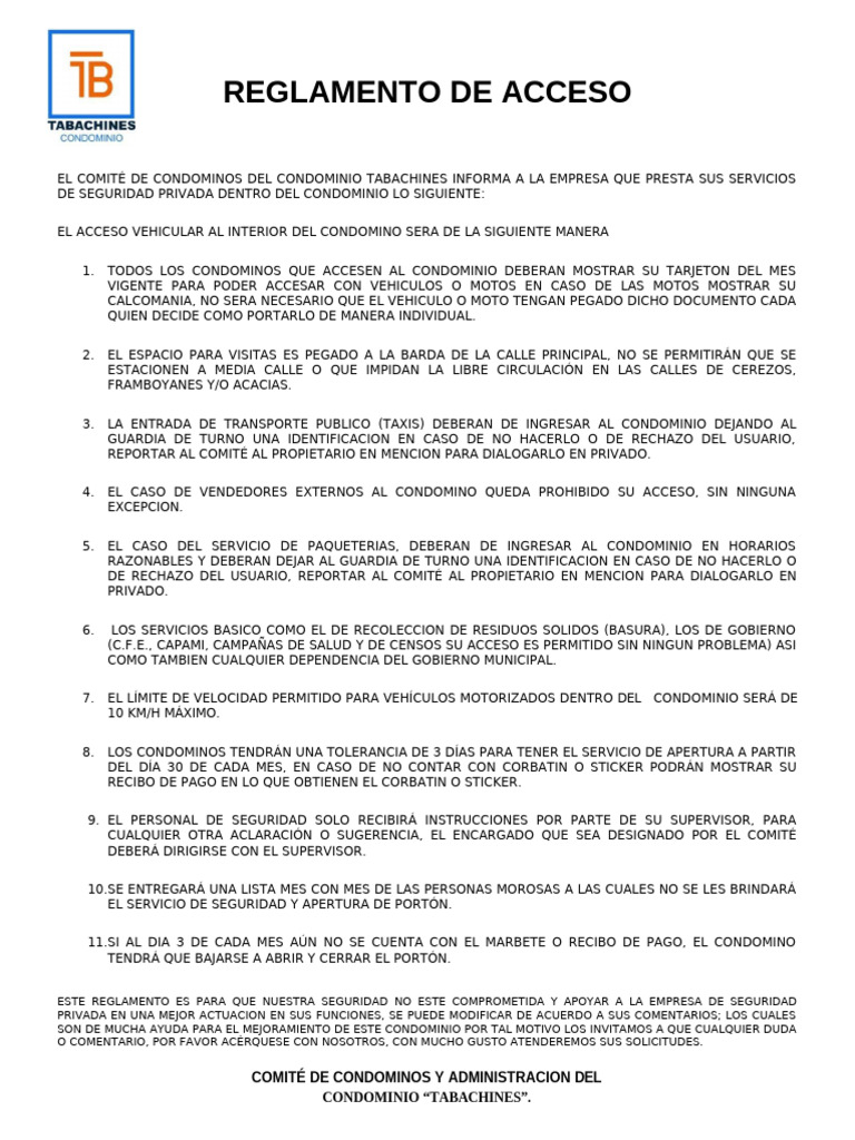 Reglamento de Acceso Taba - Final | PDF | Condominio