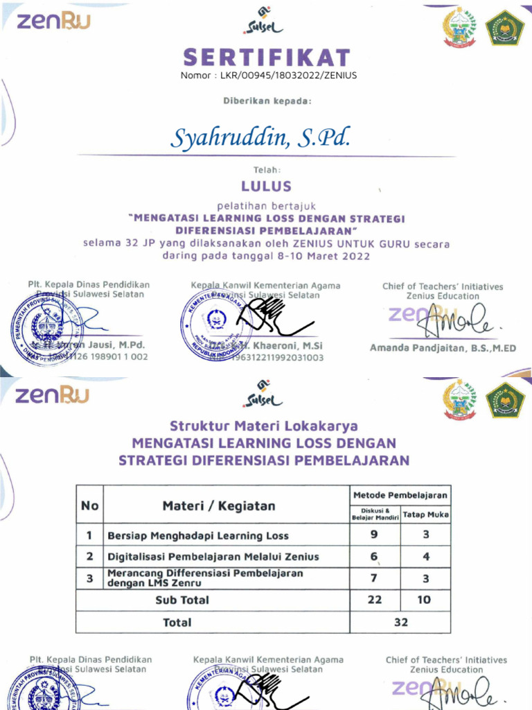 Sertifikat Diklat Mengatasi Learning Loss Dengan Diferensiasi Pembelajaran Oleh Zenius | PDF