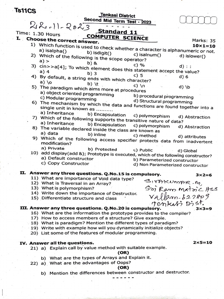 11th Computer Science EM Second Mid Term Exam 2023 Question Paper Thenkasi District English ...