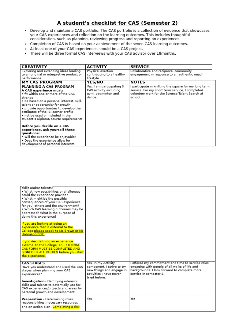 A Student's CAS Checklist | PDF | Learning | Cognition
