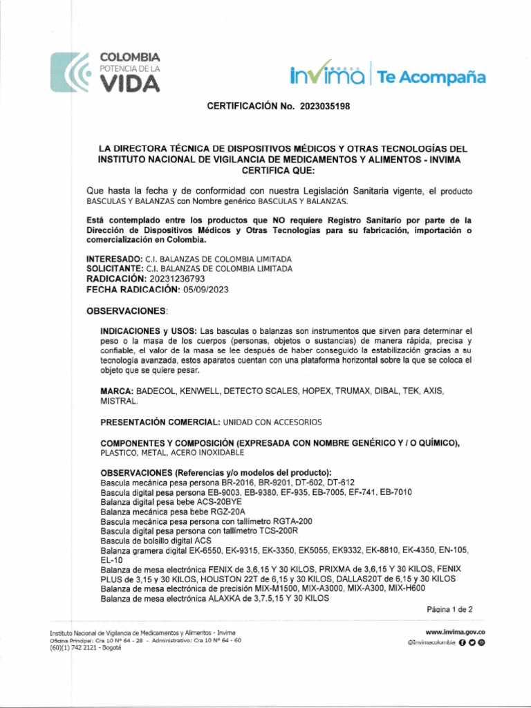 Registro Invima Báscula | PDF