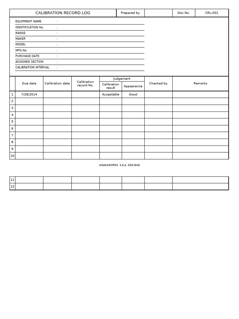 (14-2) Calibration Record Log | PDF | Calibration | Accuracy And Precision