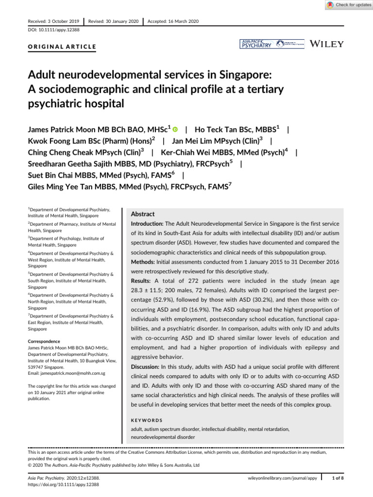 Adult Neurodevelopmental Services in Singapore A Sociodemographic and ...