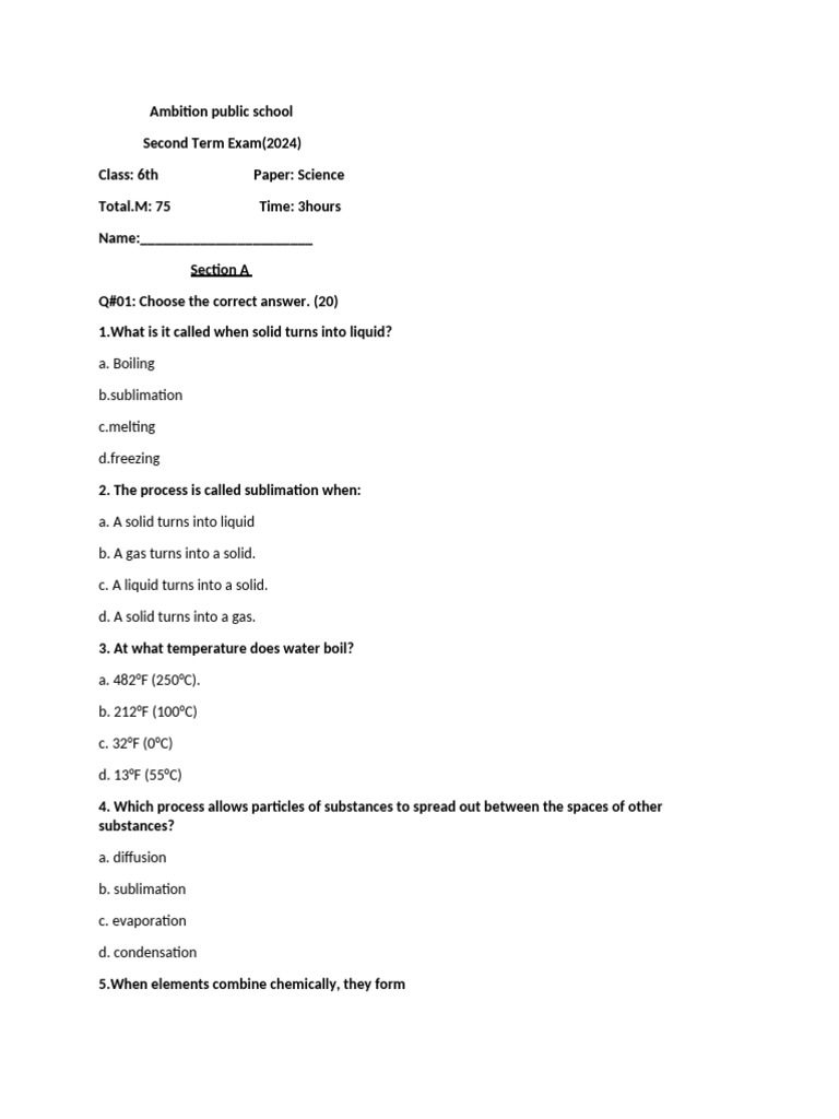 Class 6th science paper | PDF | Solid | Gases