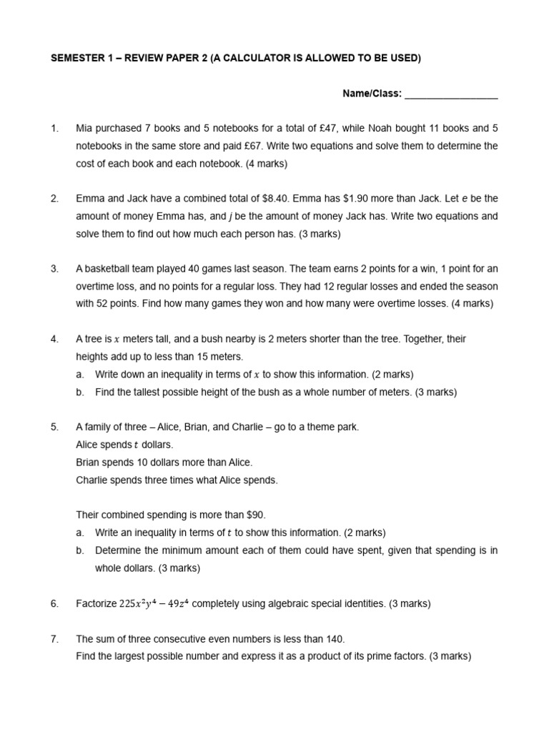 Semester 1 Review Paper 2 | PDF | Area | Discrete Mathematics