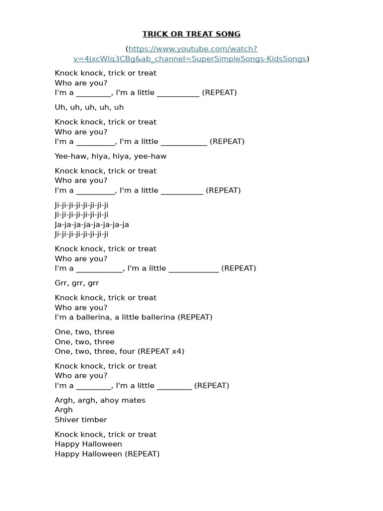 Trick or Treat Song | PDF | Language Arts & Discipline | Wellness