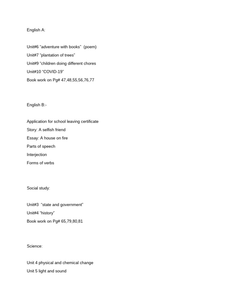 Class 5th Syllabus and Date Sheet | PDF