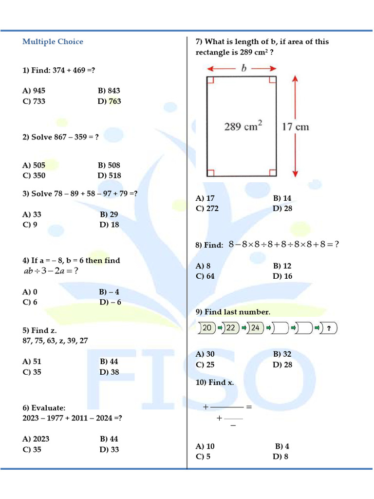 Grade 3 Math Questions - International Round | PDF | Area | Mathematics