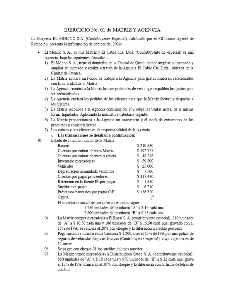 Ejercicio Matriz y Agencia 01 | PDF | Cheque | Impuesto al valor agregado