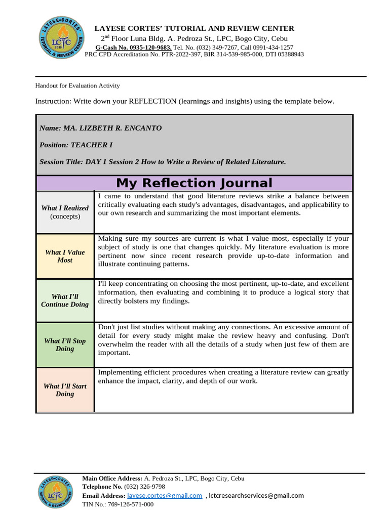 LCTC Tutorial Center Reflection Guide | PDF | Career & Growth
