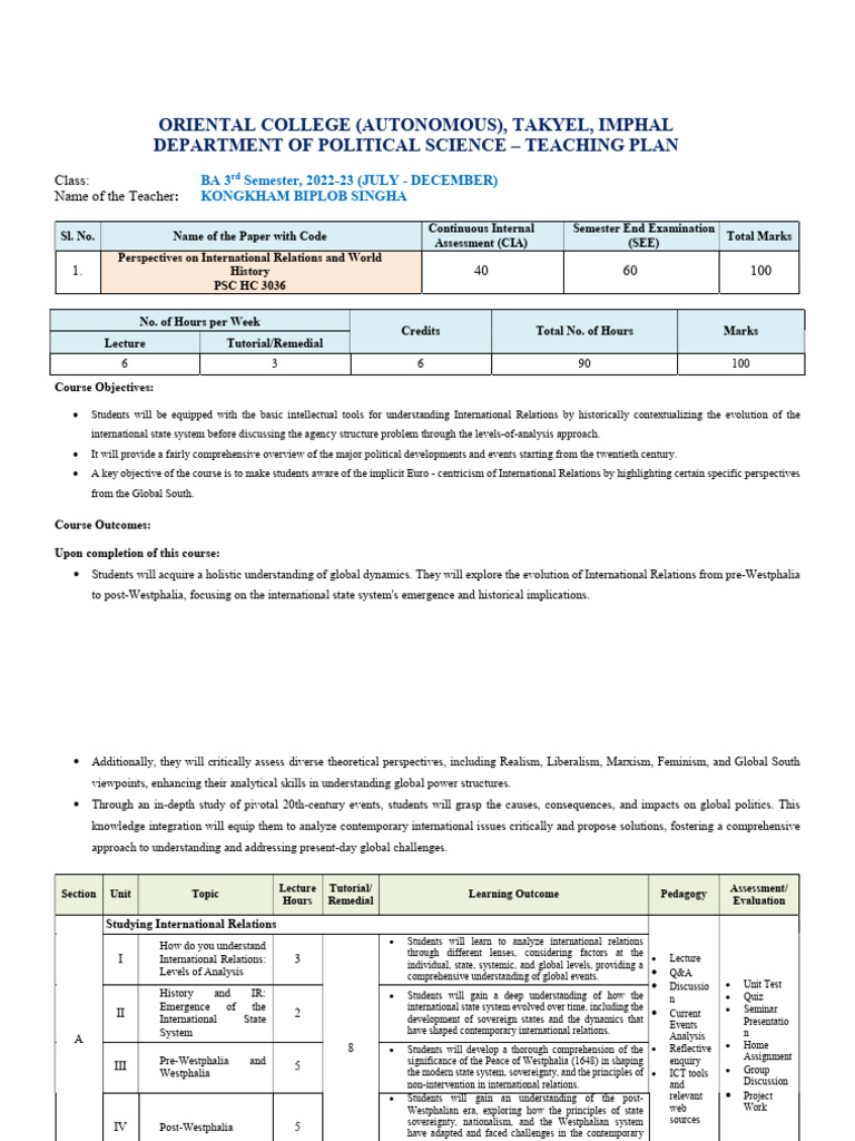 Political Science Teaching Plan 2022 23 KBS | PDF | Political Philosophy | Plato