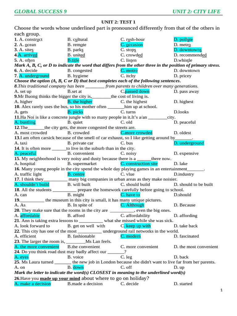 Unit 2 (Practice Test) - Key | PDF | Cost Of Living | London