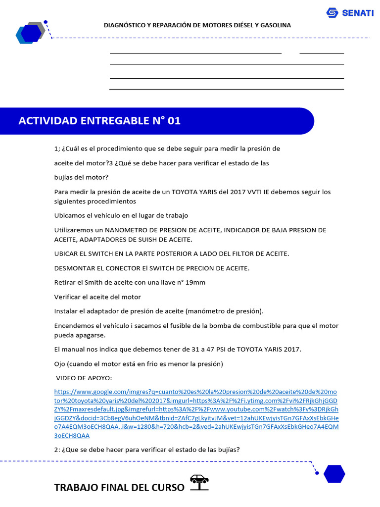 Formato Actividad Entregable Motore Toyota Yaris 1.5 IE 2017 | PDF | Engranaje | Máquinas