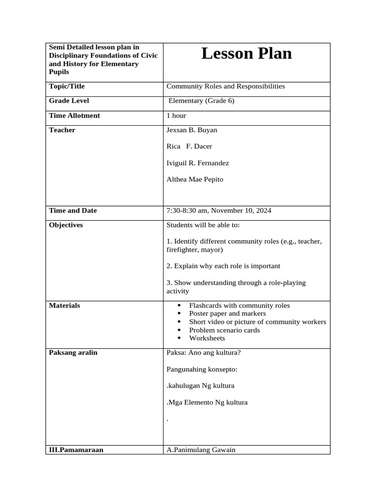 Semi Detailed Lesson Plan in Disciplinary Foundations of Civic and ...