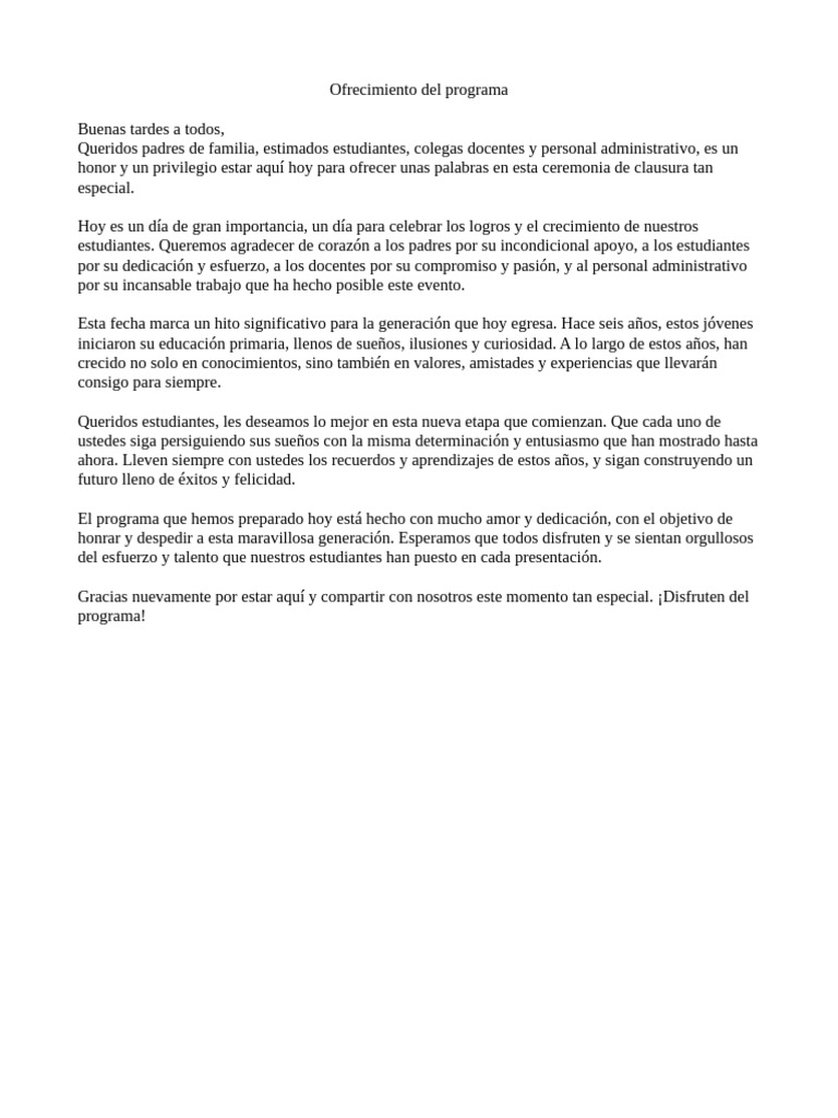 Palabras de Ofrecimiento del Programa | PDF | Educación de la primera ...