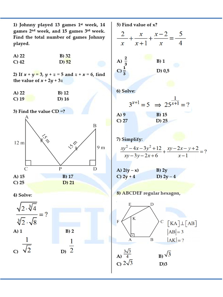 Grade 7-8 Math Olympiad Questions | PDF | Mathematics