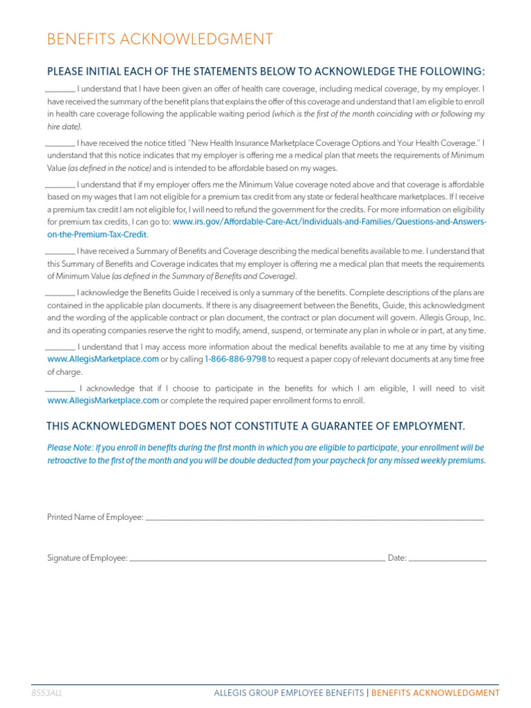 Benefits Acknowledgement | PDF | Health Insurance Marketplace | Employment