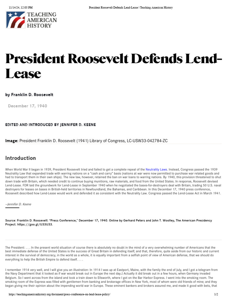 Roosevelt's Lend-Lease Defense Explained | PDF | Lend Lease | Franklin ...