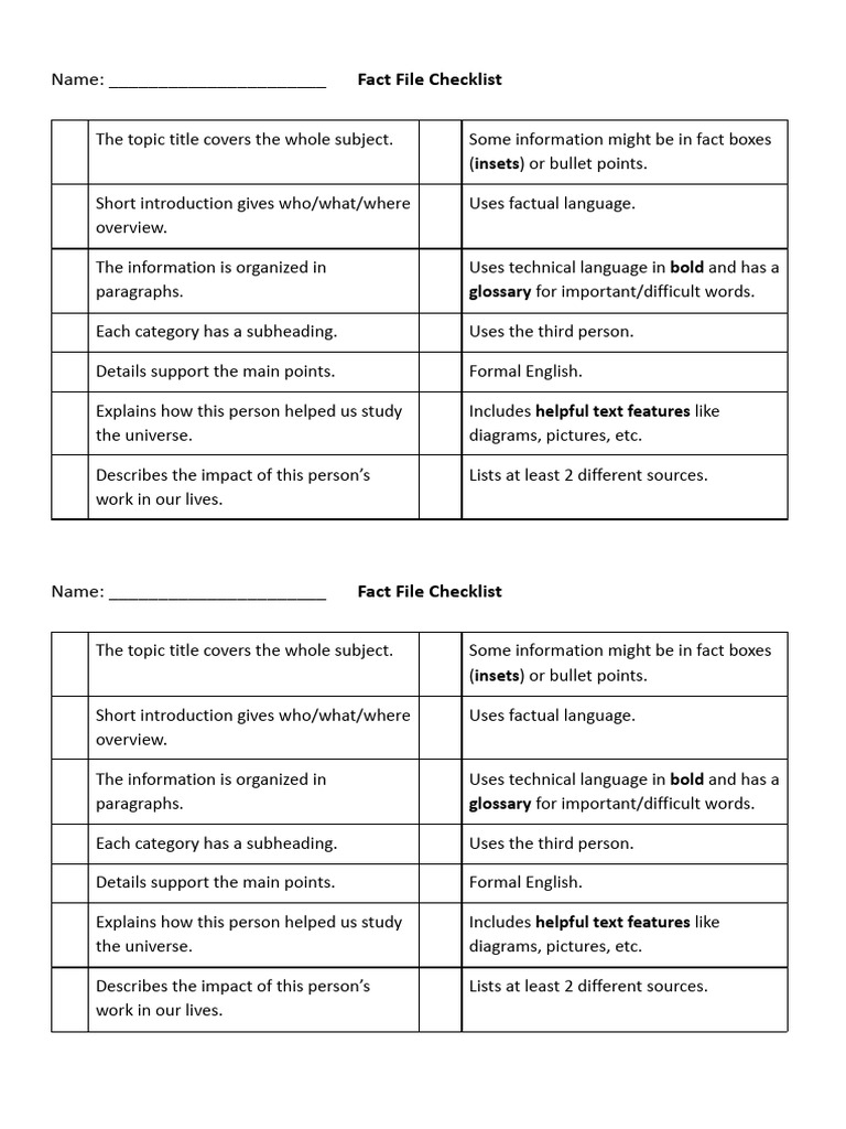 Fact File Checklist | PDF | Language Arts & Discipline | Science ...